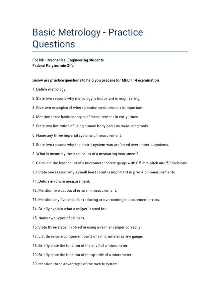 Practice Questions Measurement Metrology MEC114 | PDF