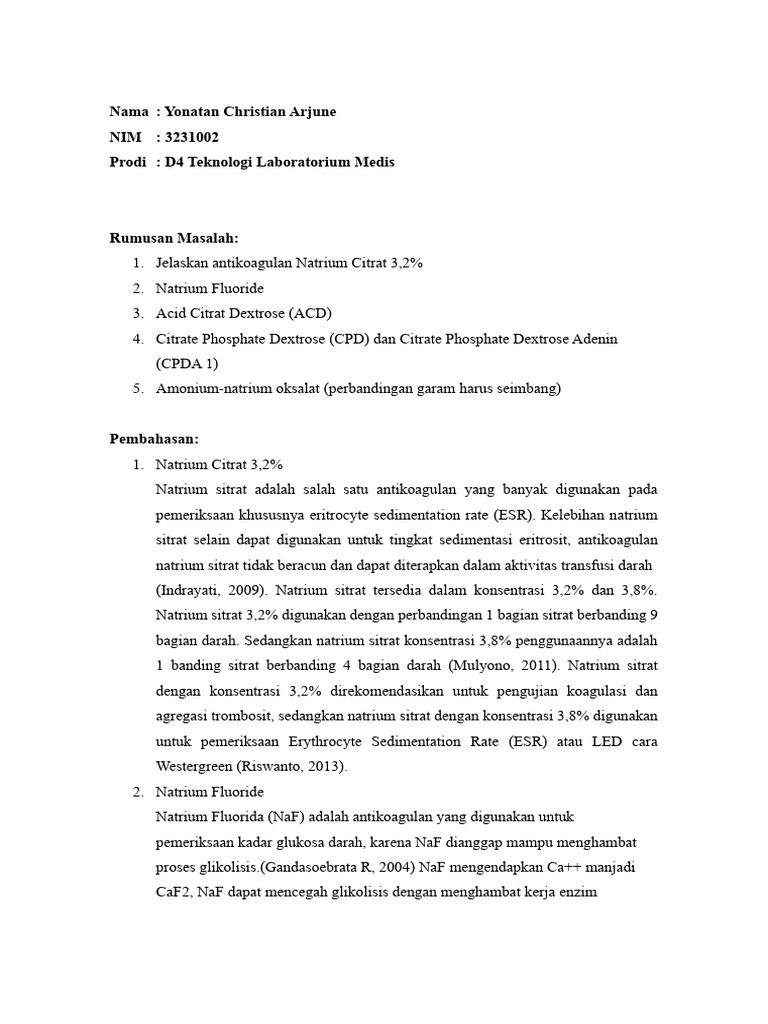 Antikoagulan Teori Phlebotomy Yonatan Christian | PDF