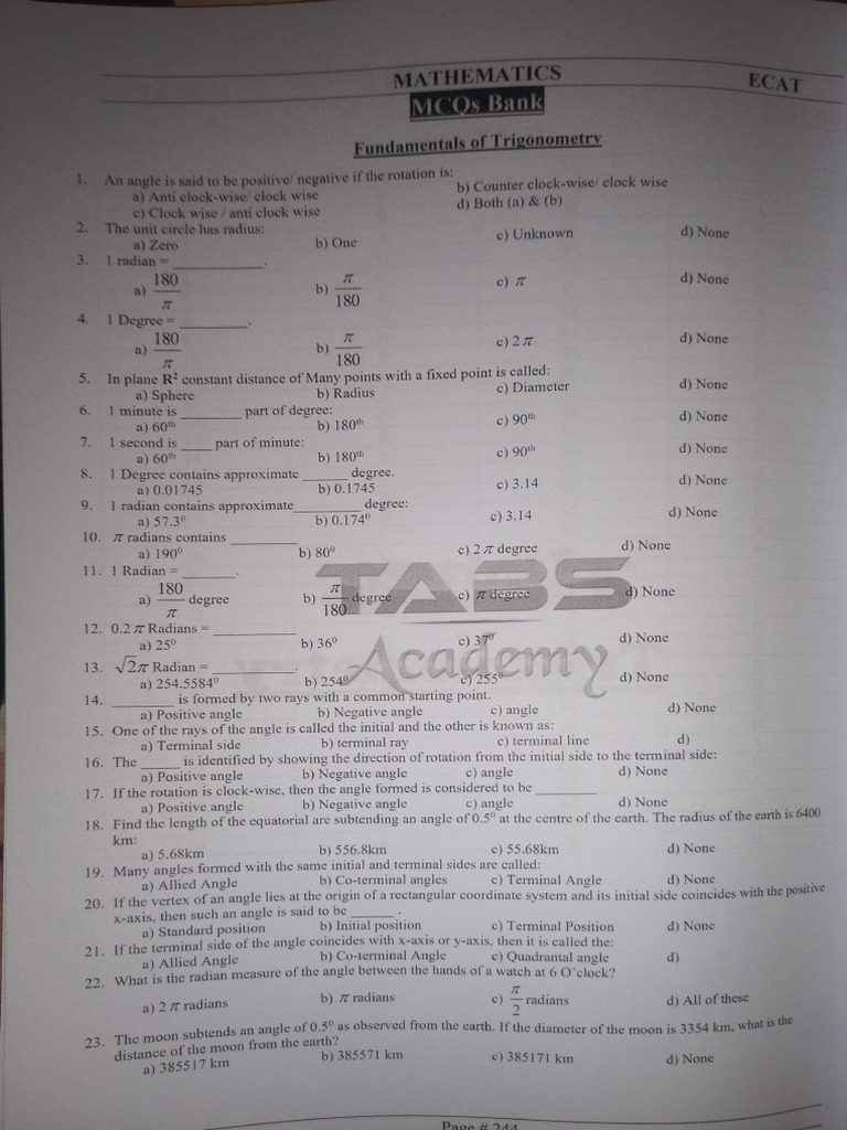 Trigonometry Mcqs XI TABS | PDF