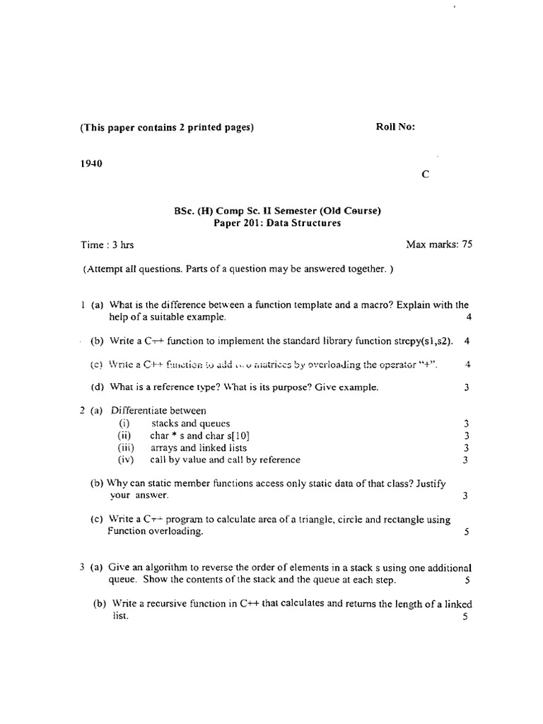 1940 BSC (H) Comp Science II-sem (Old Course) Paper-201 Data Structures | PDF