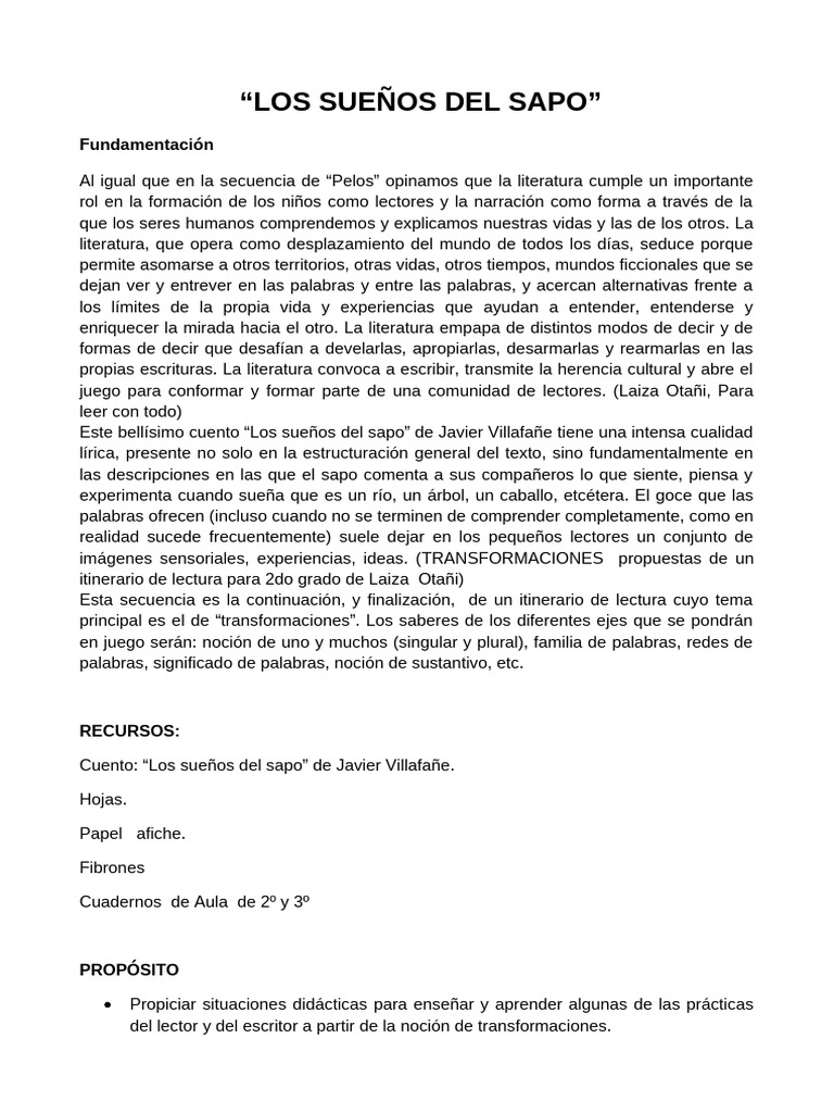 4º Secuencia Lengua LOS SUEÑOS DEL SAPO | PDF | Literatura | Cuentos