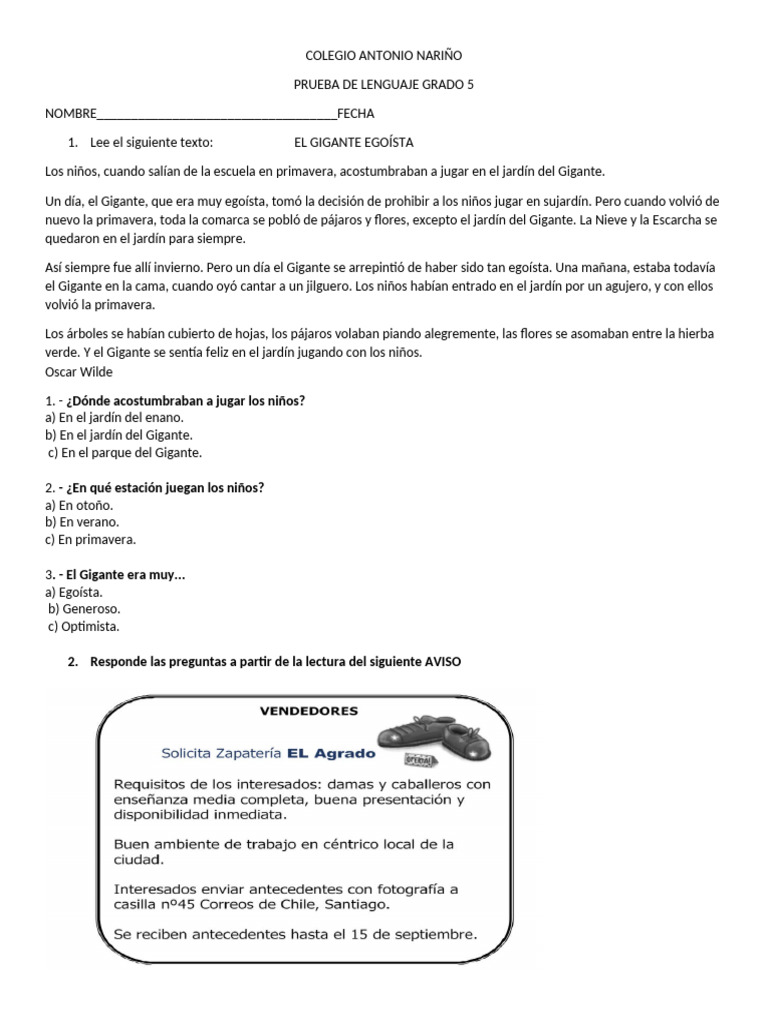 Prueba Lenguaje Grado 4 | PDF