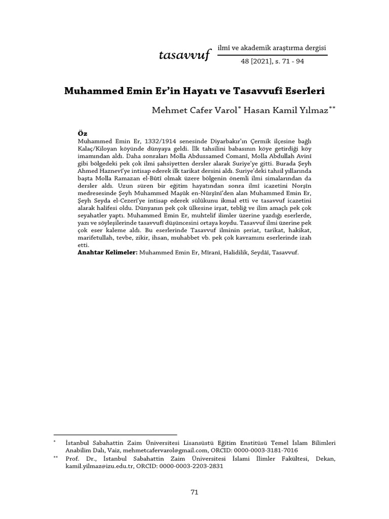Muhammed Emin Er in Hayat Ve Tasavvuf Eserleri (#1025162) - 2087329 | PDF