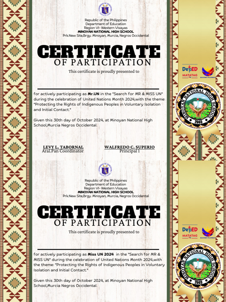 Minoyan High School UN 2024 Certificates | PDF | Indigenous Peoples ...