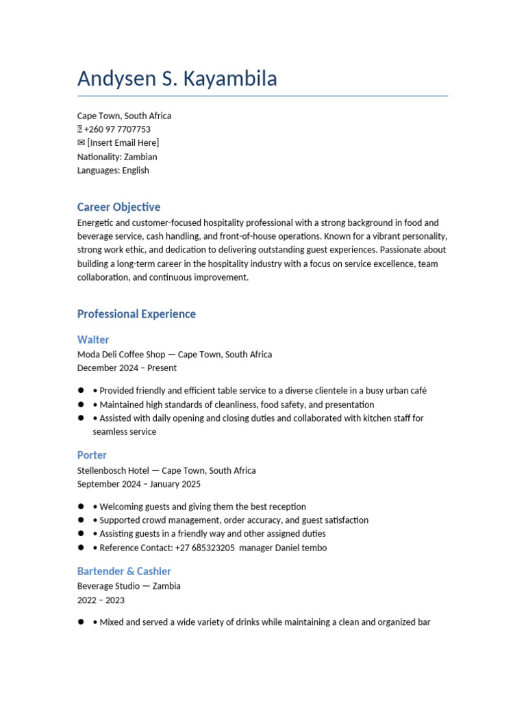 Andysen Kayambila CV and Cover Letter | PDF | Bartender | Waiting Staff