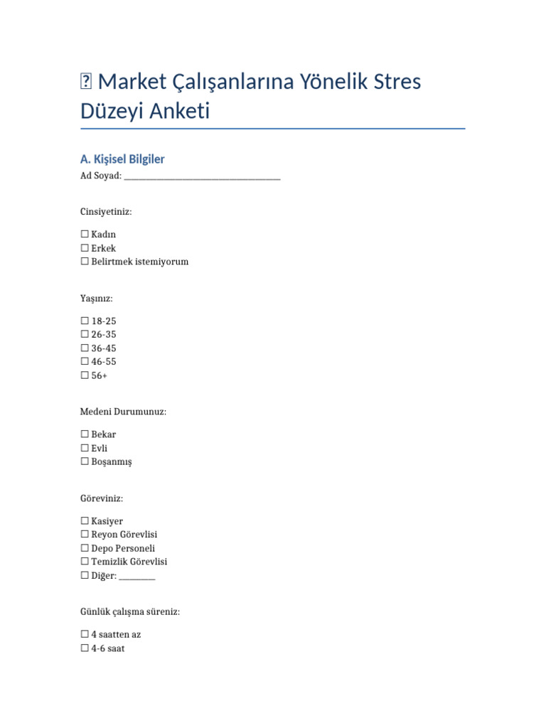 Market Calisanlari Stres Anketi | PDF