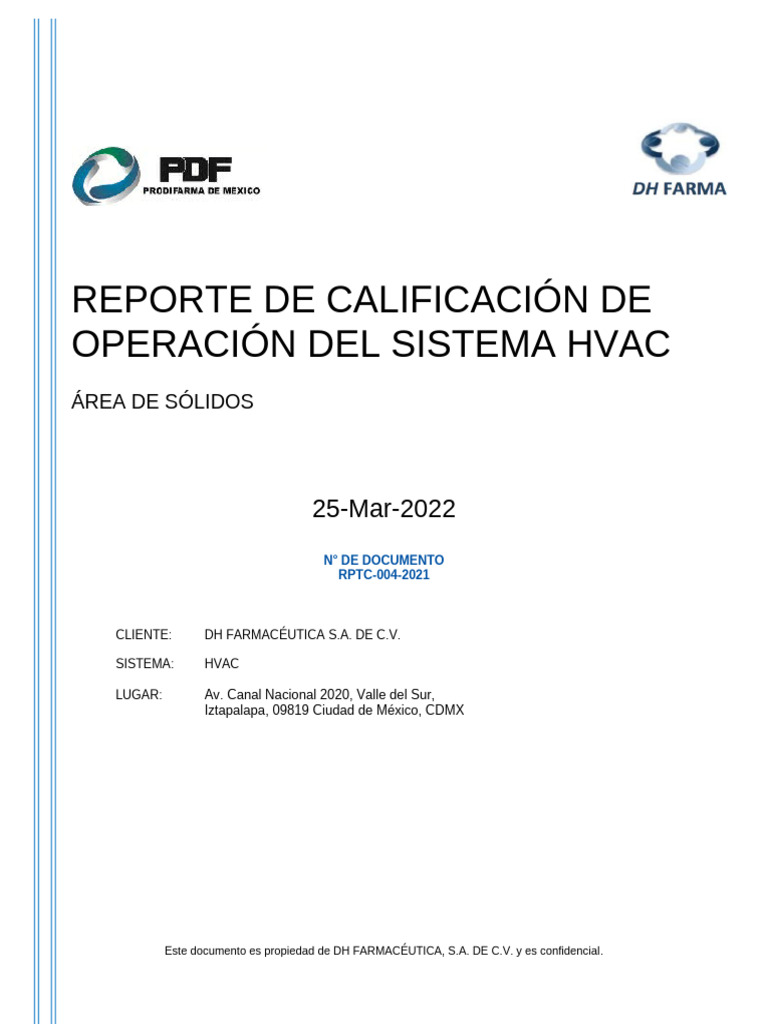 Reporte de Calificacion de Operacion Del Sistema HVAC Portada de Prodifarma | PDF | Ingeniería ...