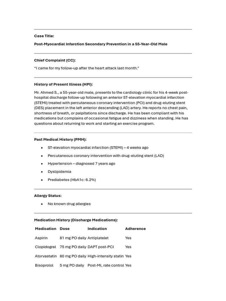 Post-Myocardial Infarction Secondary Prevention in A 55-Year-Old Male ...
