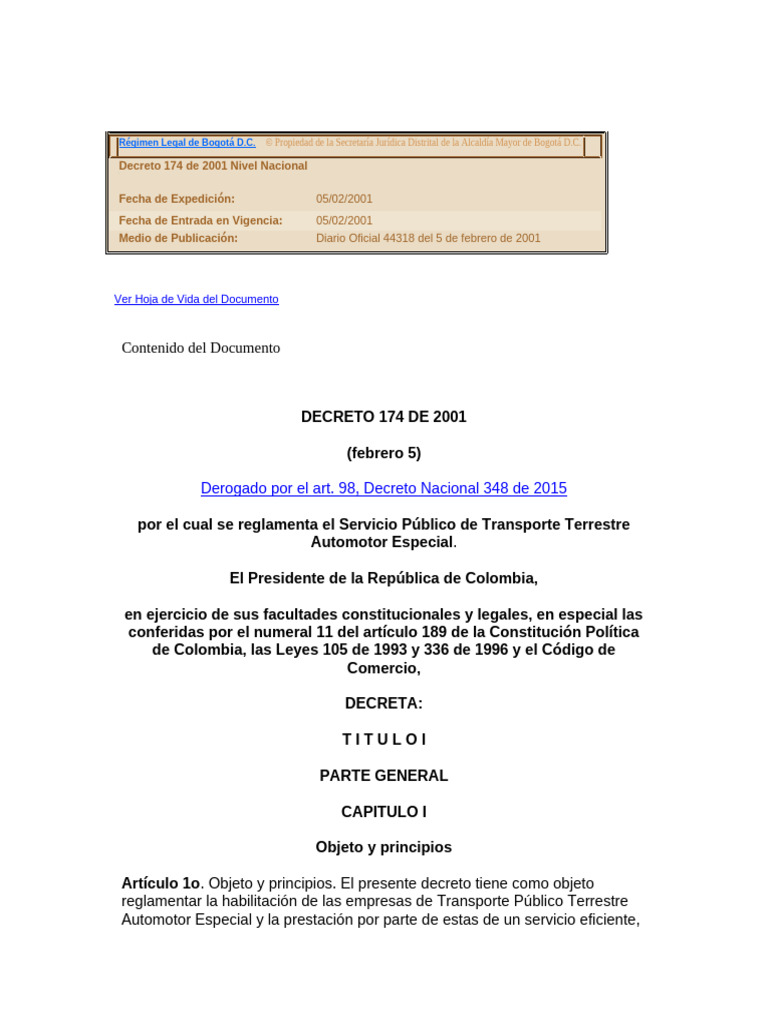 Contenido Del Documento: Derogado Por El Art. 98, Decreto Nacional 348 de 2015 | PDF | Póliza de ...