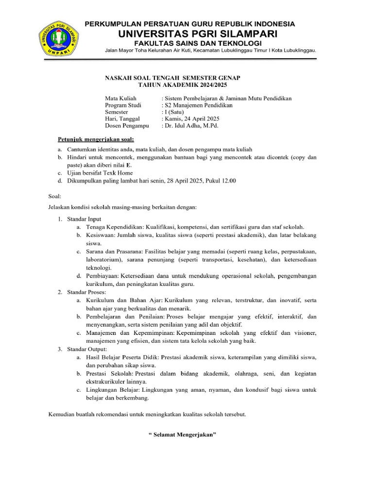 Benni Arianto - Soal UTS Sistem Mutu S2 Manajemen Sem 1 | PDF