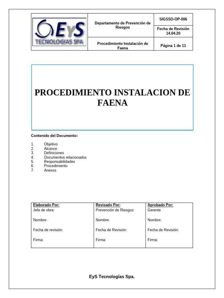 SIGSSO-OP-004 Procedimiento Instalacion de Faena | PDF | Agua | Aguas residuales