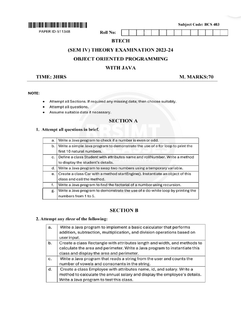 Java Sample Paper by RRSIMT CLASSES | PDF