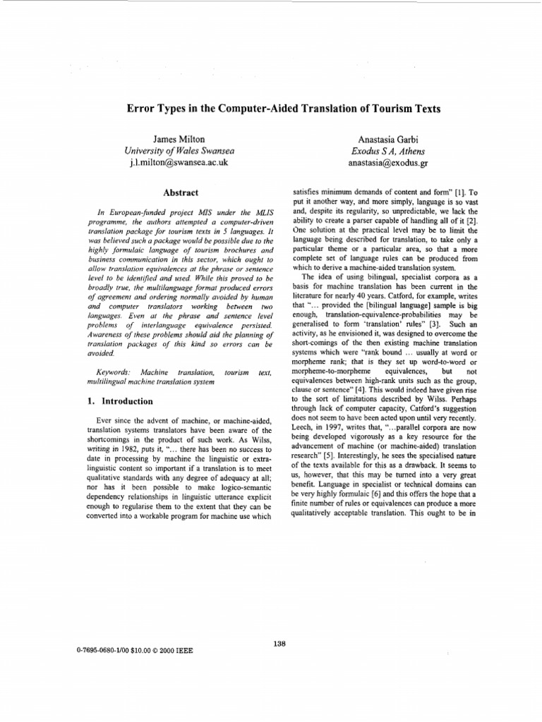 Error Types in The Computer-Aided Translation of Tourism Texts - Garbi | PDF | Translations ...