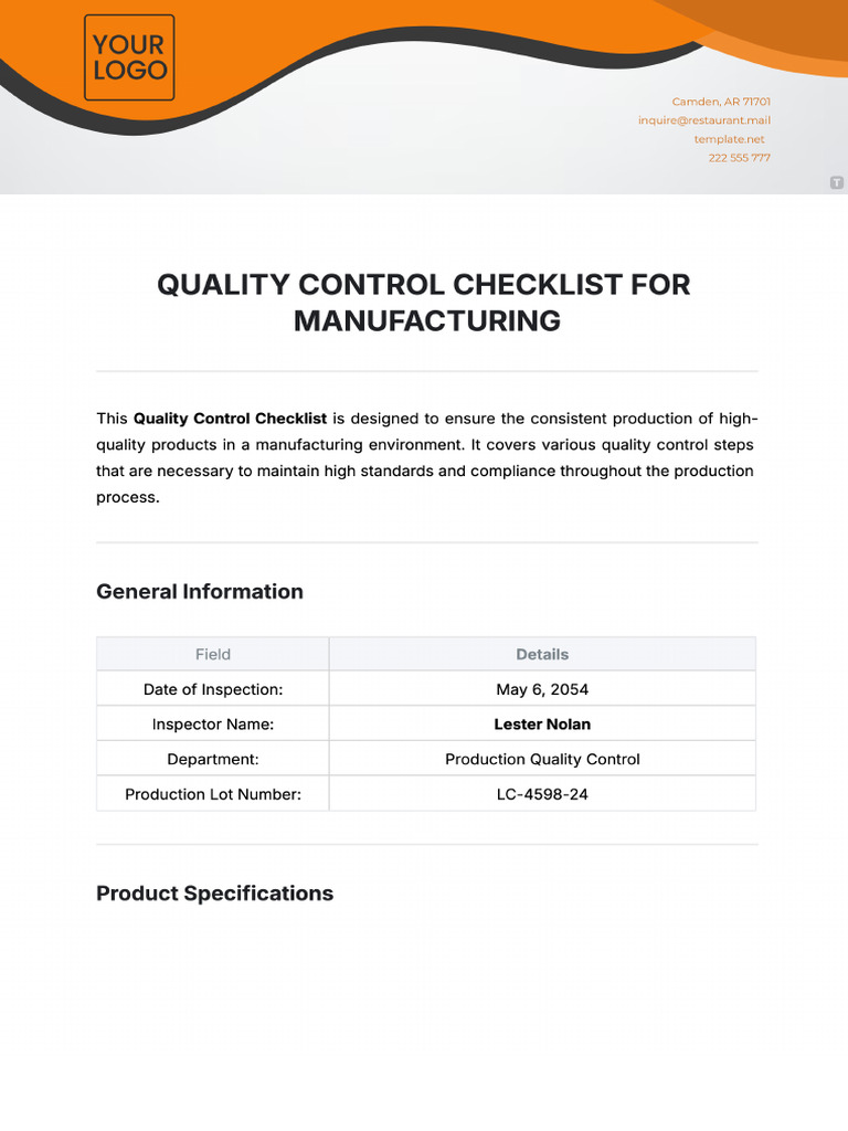 FREE Quality Control Checklist For Manufacturing Template - Edit Online ...