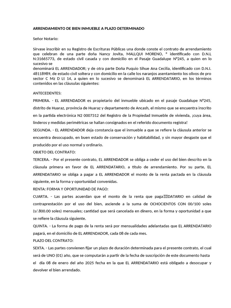 Arrendamiento de Bien Inmueble A Plazo Determinado | PDF | Ley de bienes inmuebles | Ley común