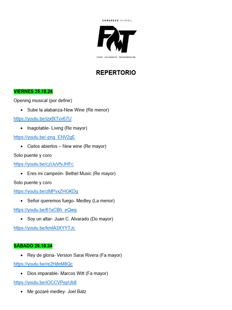 Repertorio Musical 25-27 Octubre 2024 | PDF