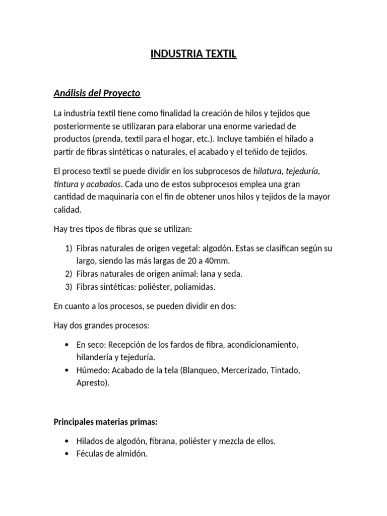 Análisis Del Proyecto. Textil. | PDF | Textiles | Materiales