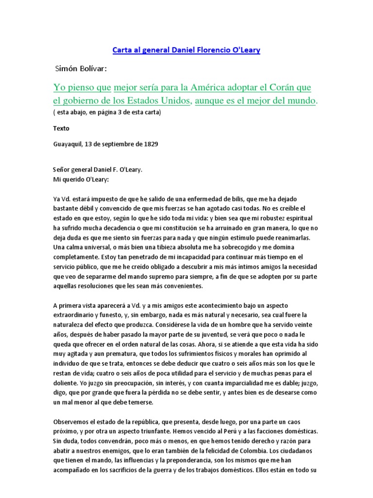 Carta Simon Bolivar y El Coran de Los Musulmanes Carta Al General ...