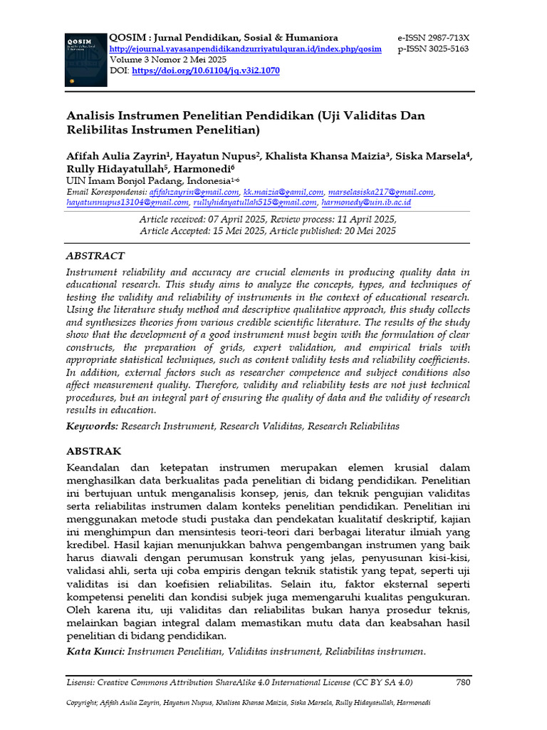 Analisis Validitas dan Reliabilitas Instrumen | PDF