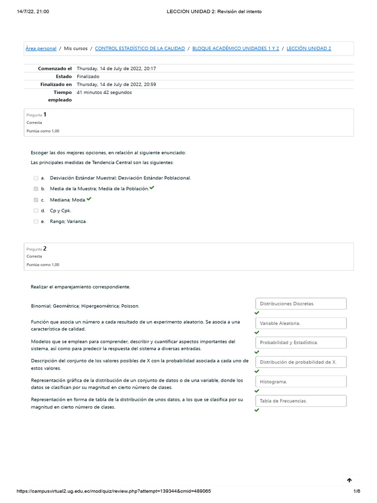 LECCIÓN UNIDAD 2 - Revisión Del Intento | PDF | Media | Muestreo (Estadísticas)