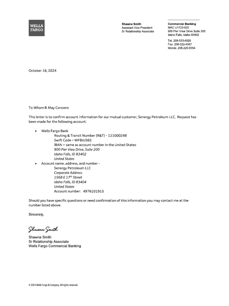 Wells Fargo Bank Letter Updated 10-16-2024 | PDF