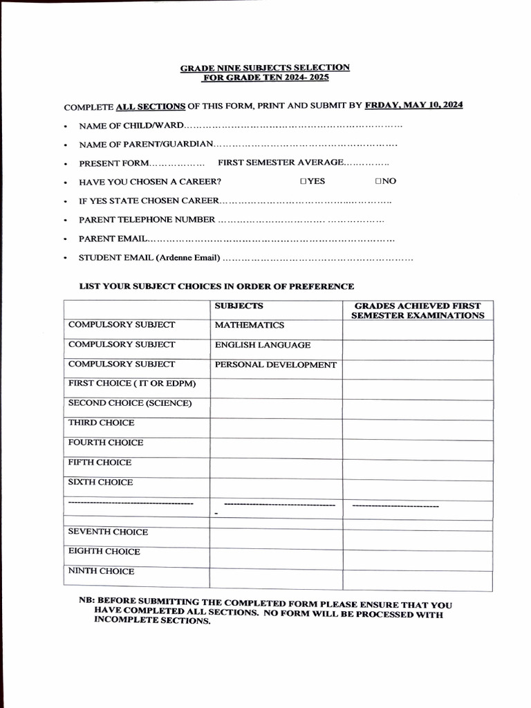 Grade Nine Subject Selection Form 2024 | PDF
