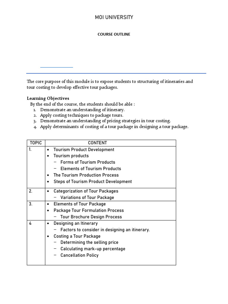 BTT 221 Course Outline April 2025 | PDF | Tourism | Marketing