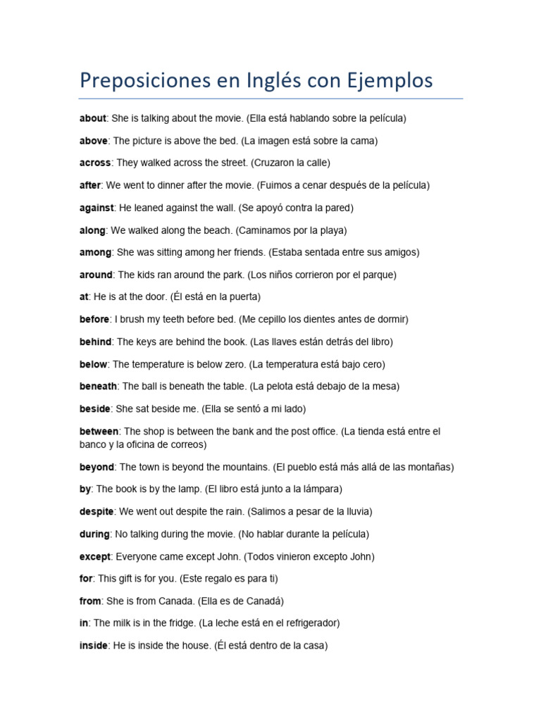 Preposiciones en Ingles Con Ejemplos | PDF