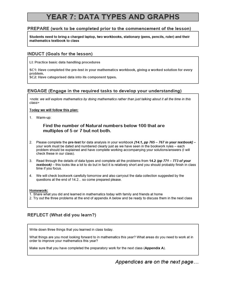 Year 7 Data Types and Graphs Lesson | PDF