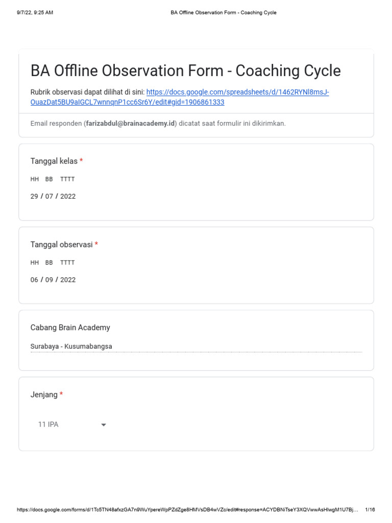 (Coach) BA Centre Observation Form - Afandi-Fisika | PDF | Human Communication