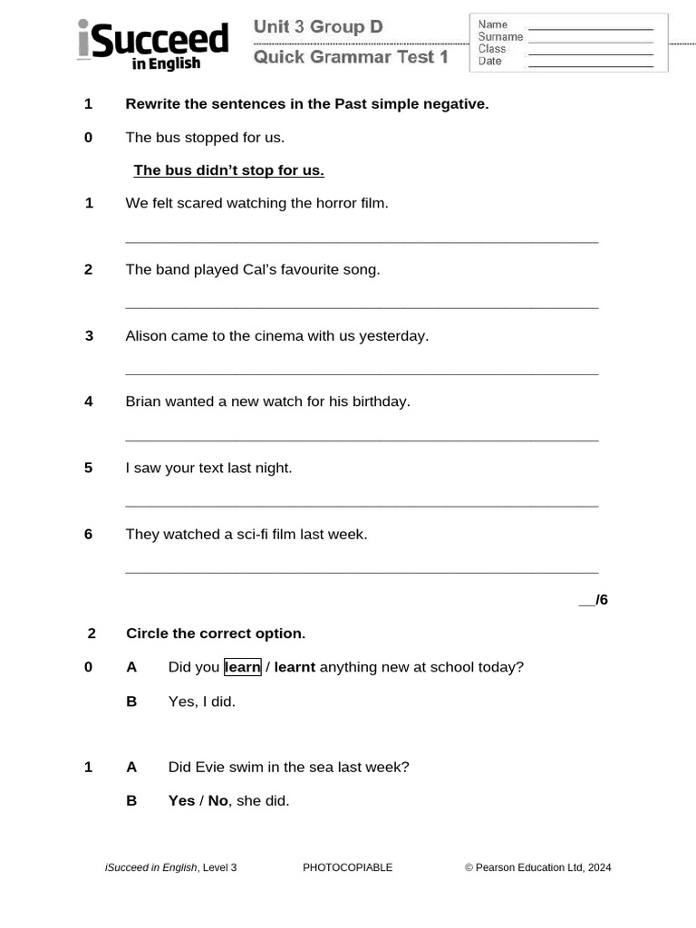 Isucceed in English - Level 3 - Unit 3 Group D Quick Grammar Test 1 | PDF