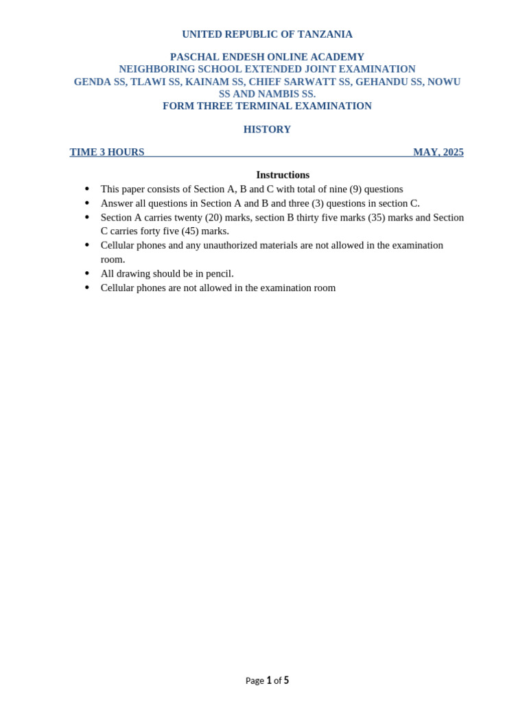 History Form Three 2025 Exam | PDF | Africa