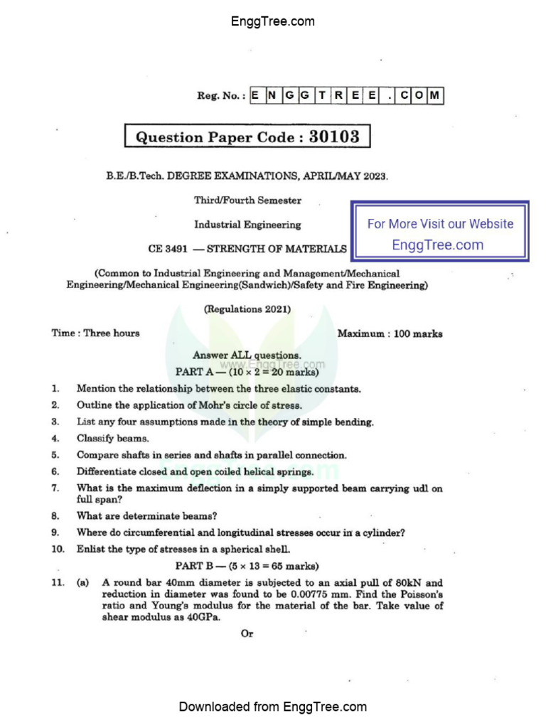 CE3491 Strength of Materials Apr May 2023 Question Paper Download | PDF