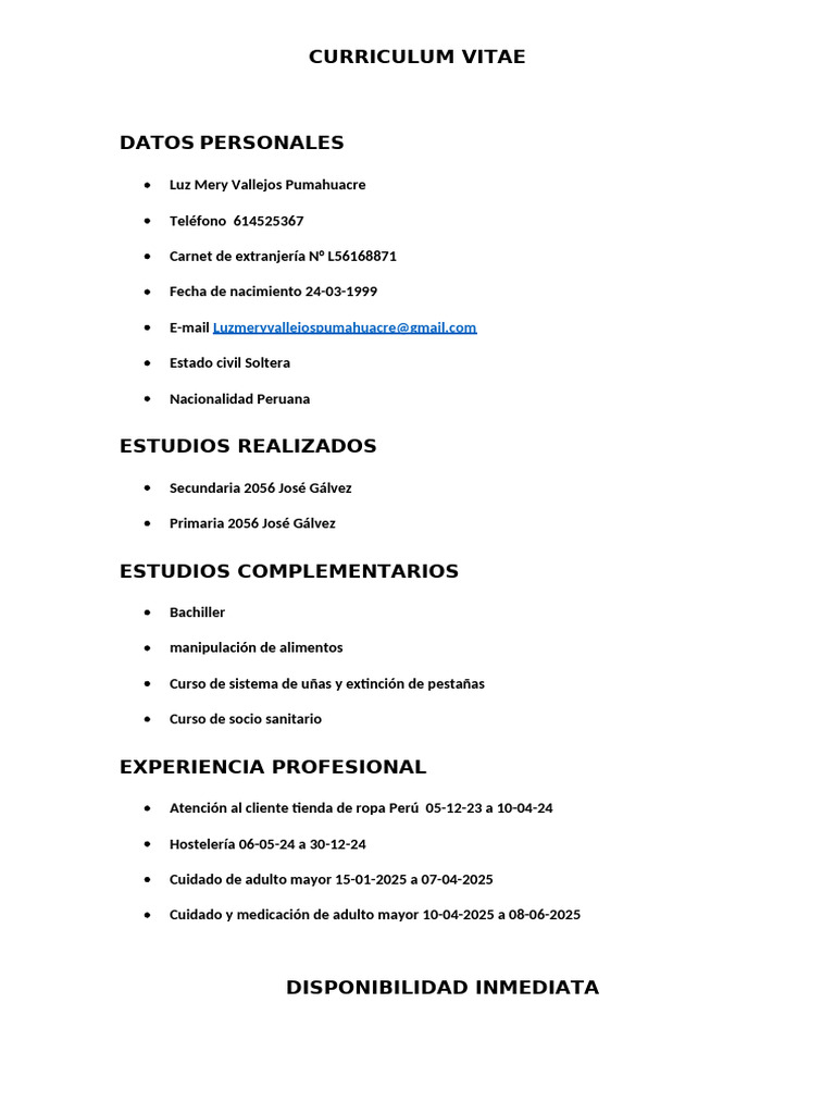 CV Luz Mery Vallejos Pumahuacre | PDF