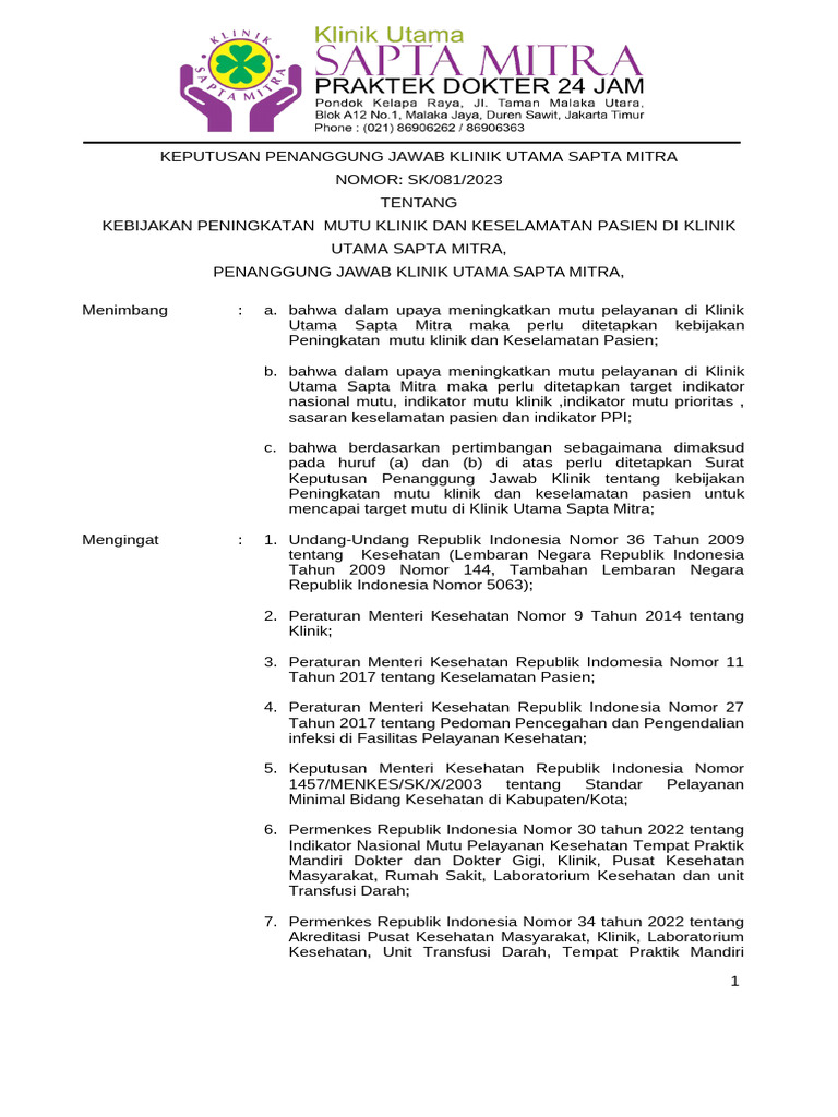 SK Kebijakan Mutu Klinik Dan Keselamatan Pasien | PDF