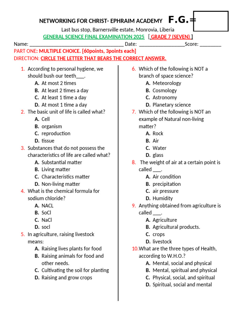 Grade 7 General Science Exam 2025 | PDF | Agriculture | Soil