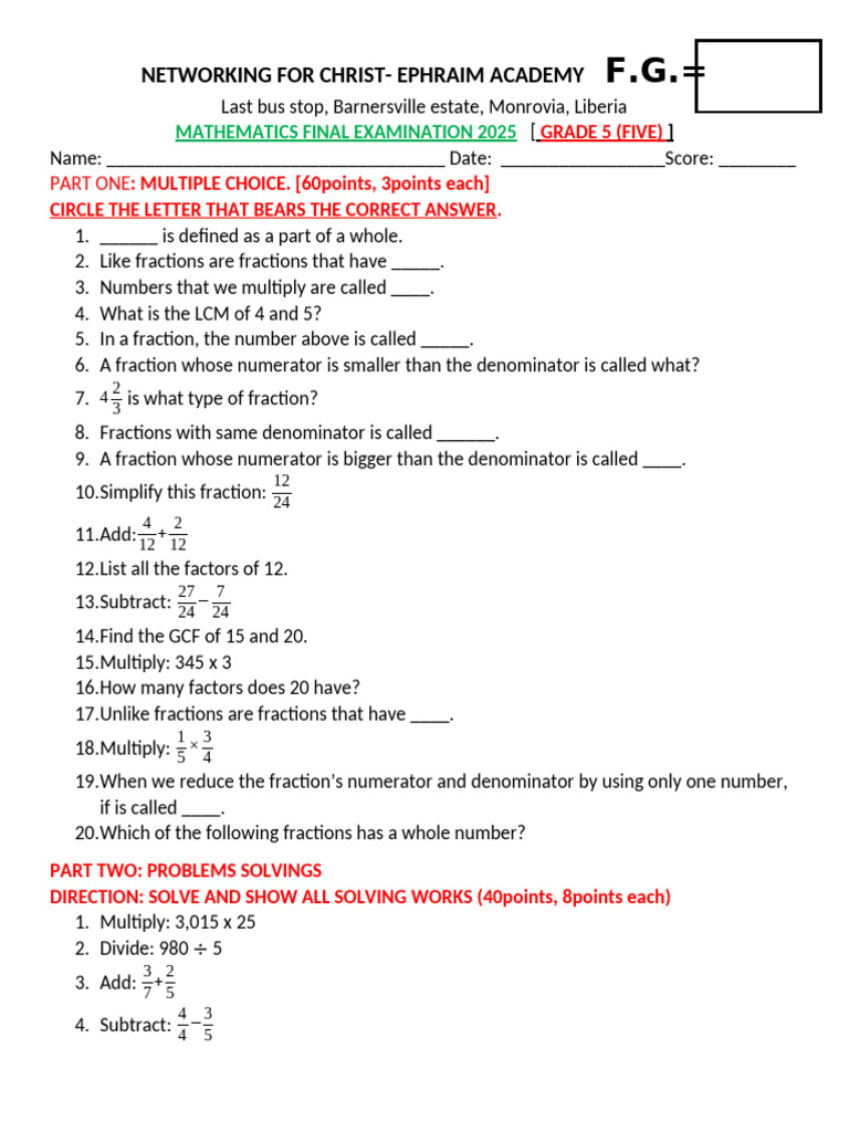 Grade 5 Math Final Exam | PDF