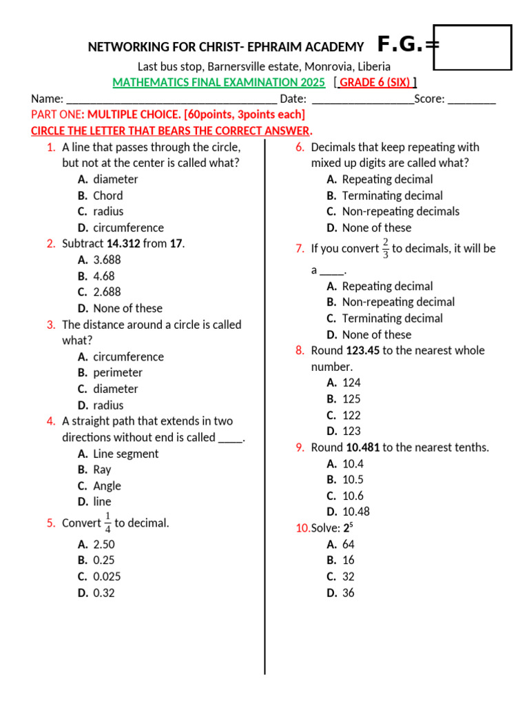 Grade 6 Math Final Exam | PDF | Area | Circle