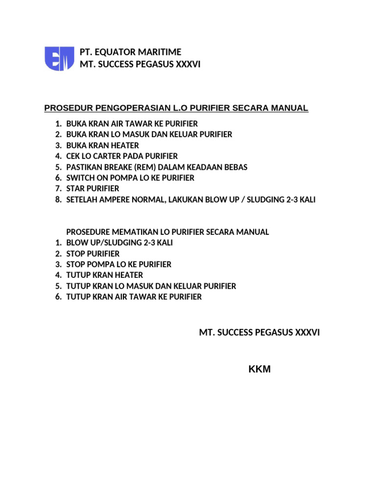 Prosedur Manual Pengoperasian L.O Purifier | PDF