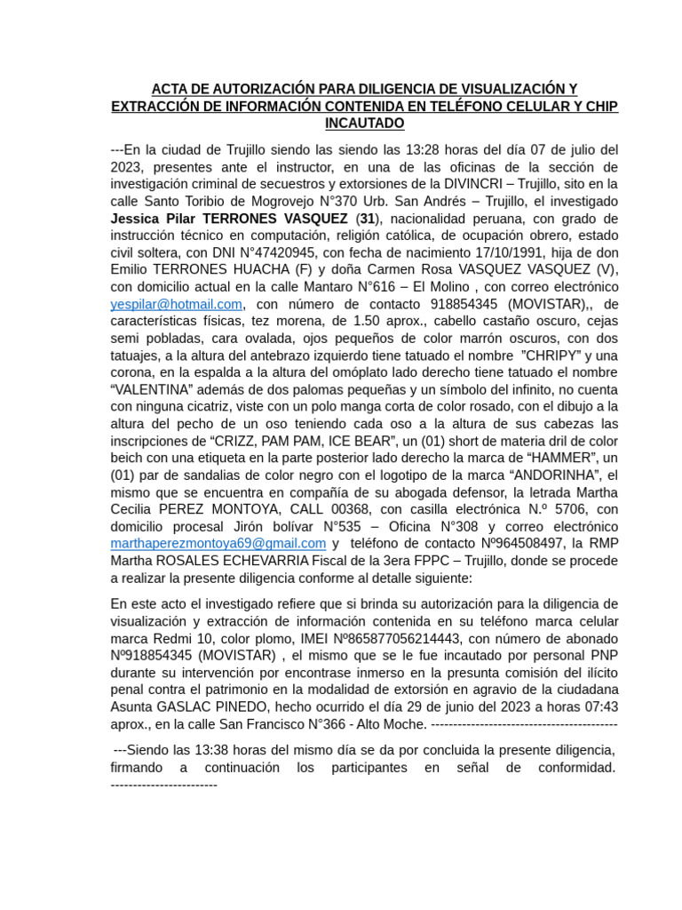 Acta de Autorización para Diligencia de Visualización y Extracción de Información Contenida en ...