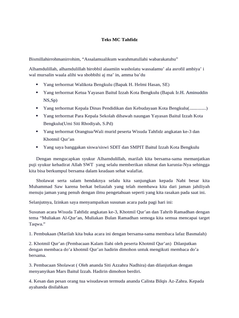 Teks MC Wisuda Tahfidz Angkatan 3 | PDF
