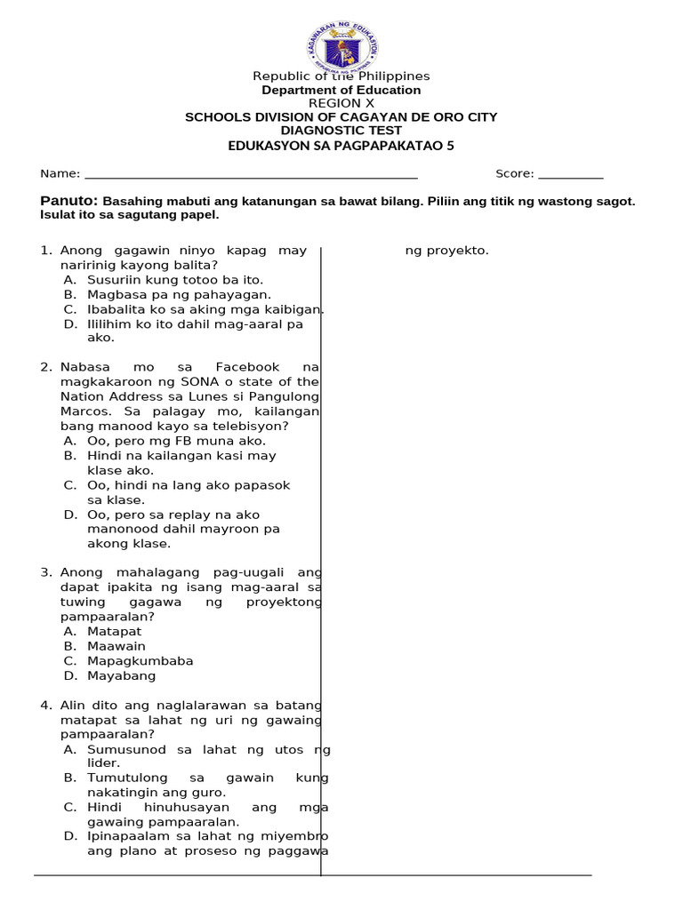 Diagnostic Test - Esp 5 | PDF