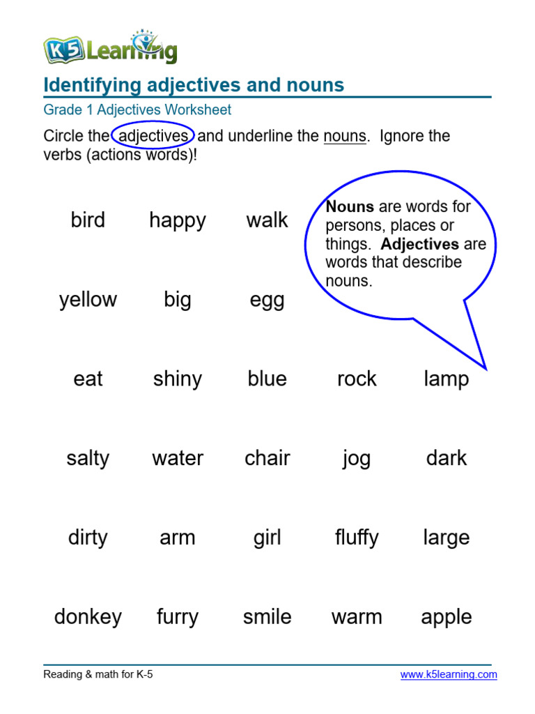 Grade 1 Adjective Practice Worksheet | PDF | Adjective | Noun