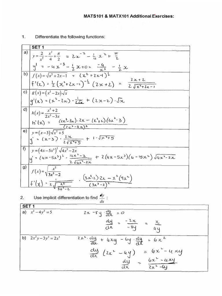 Additional Exercises Prod Quot Chain Rule Solutions | PDF | Subtraction