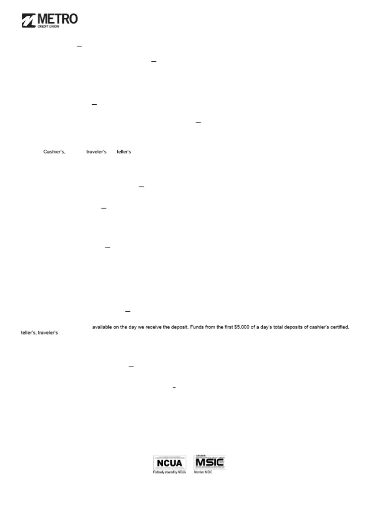 Metro Credit Union Funds Availability Policy | PDF | Automated Teller ...