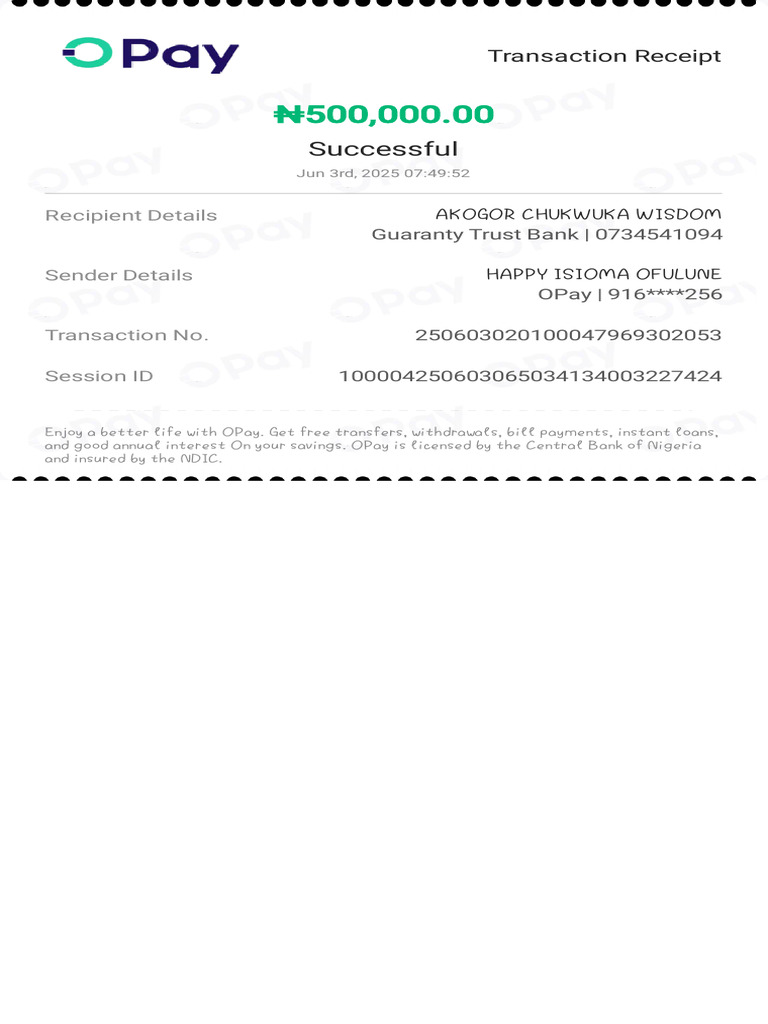 OPay Transaction Receipt - ₦500,000 Successful | PDF