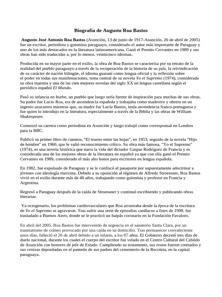 Biografía de Augusto Roa Bastos | PDF