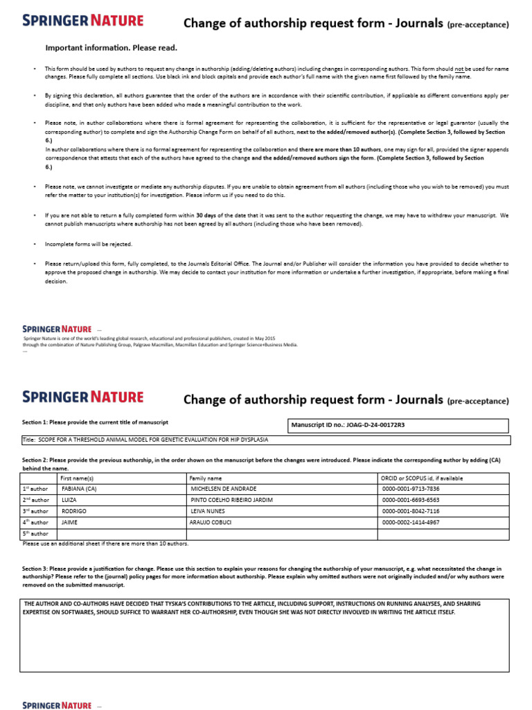 Springer Authorship Change Request Form | PDF