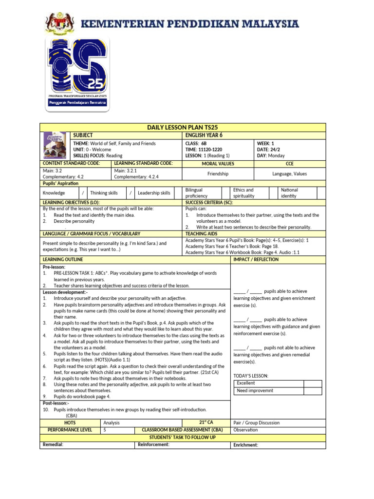 Bi Y6 LP Ts25 (Unit 0 - Welcome - LP 1-5) | PDF | Lesson Plan | Teachers