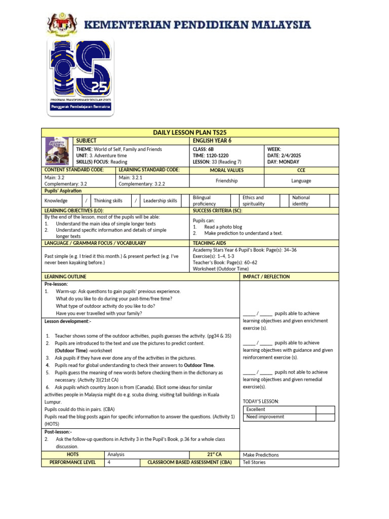 BI Y6 LP TS25 (Unit 3 - Adventure Time - LP 33-48) | PDF | Lesson Plan | Teachers